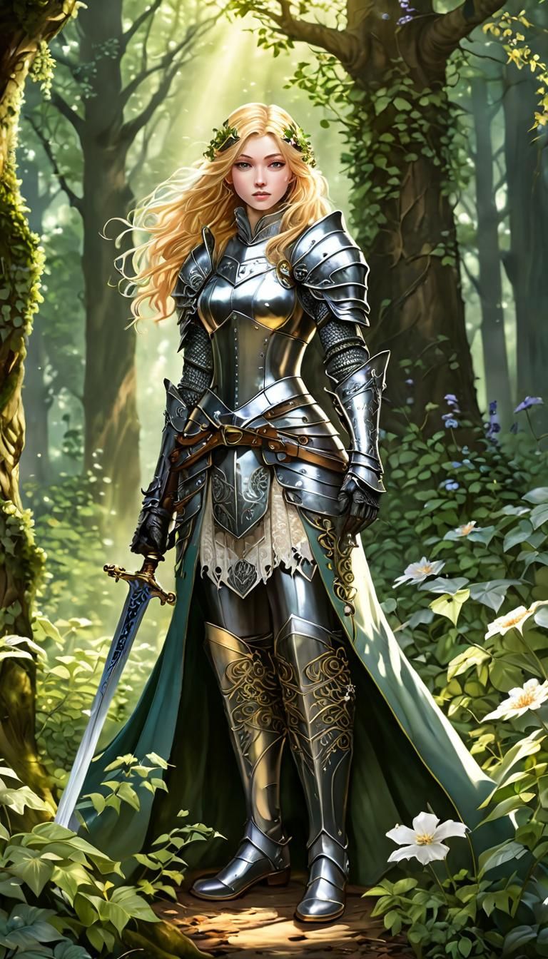 A fullbody view of pretty female knight, vines and delicate flowers ...