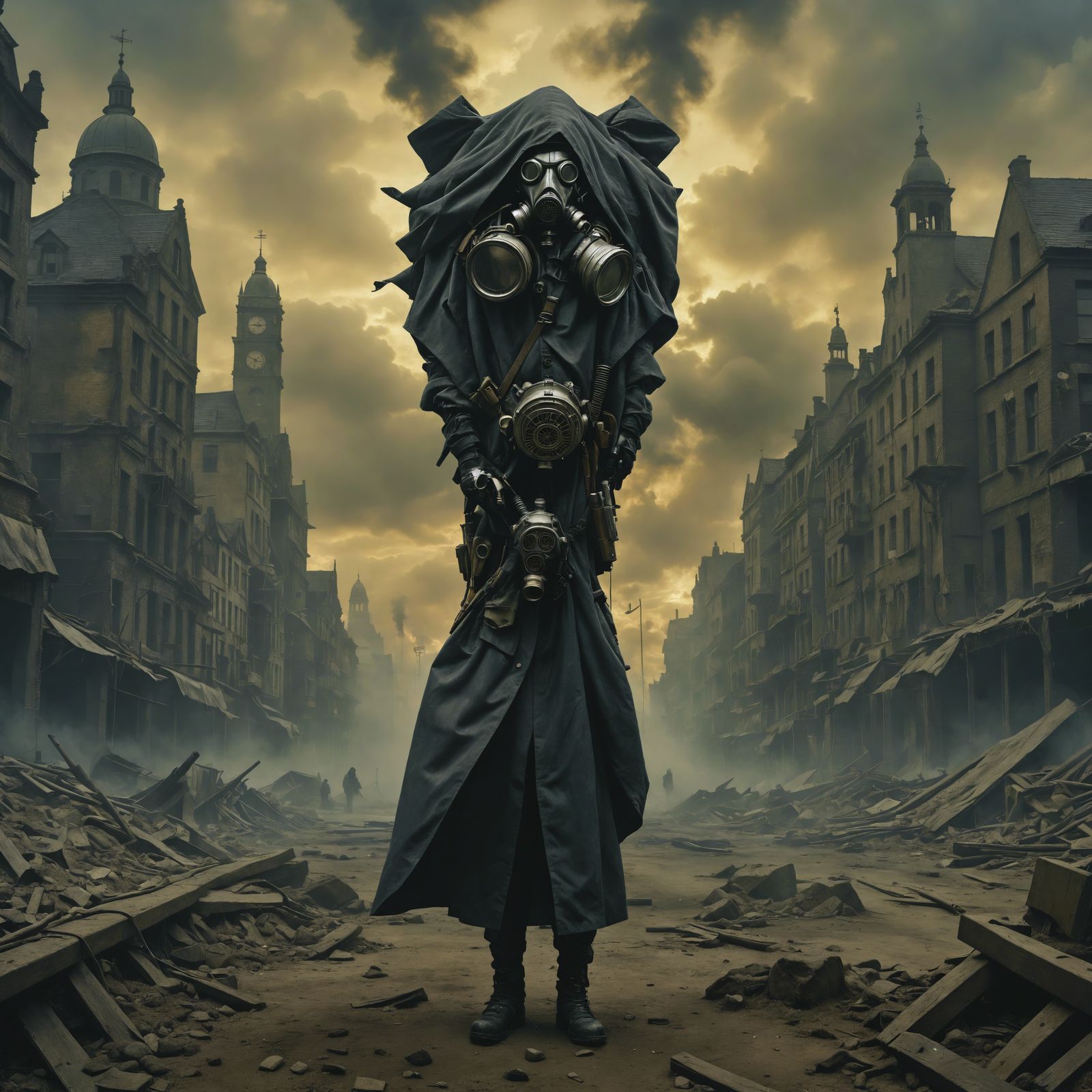 surrealist dystopian a central figure standing wears a cloak and a gas ...