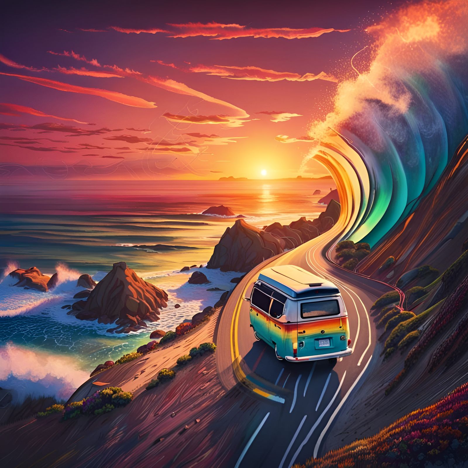 A camper van drives down the coastal highway at sunset in search of the perfect waves! - AI ...