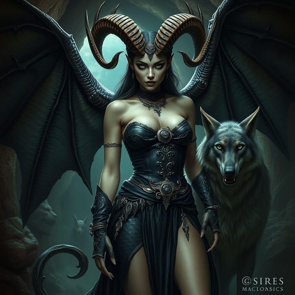 Ethereal Demon Goddess Unfurls Dragon Wings in Dar... - AI Art