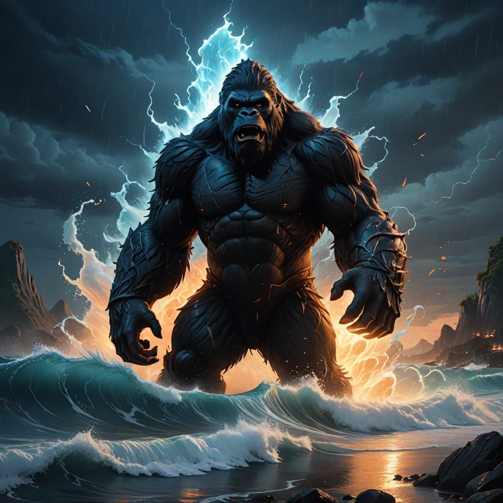 Epic Clash of King Kong and the Bloop on Stormy Oc... - AI Art