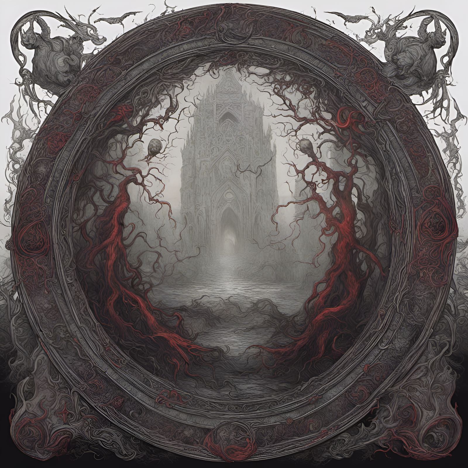 Mystic red fog in hell,celtic patterns necronomicon,black metal style ...