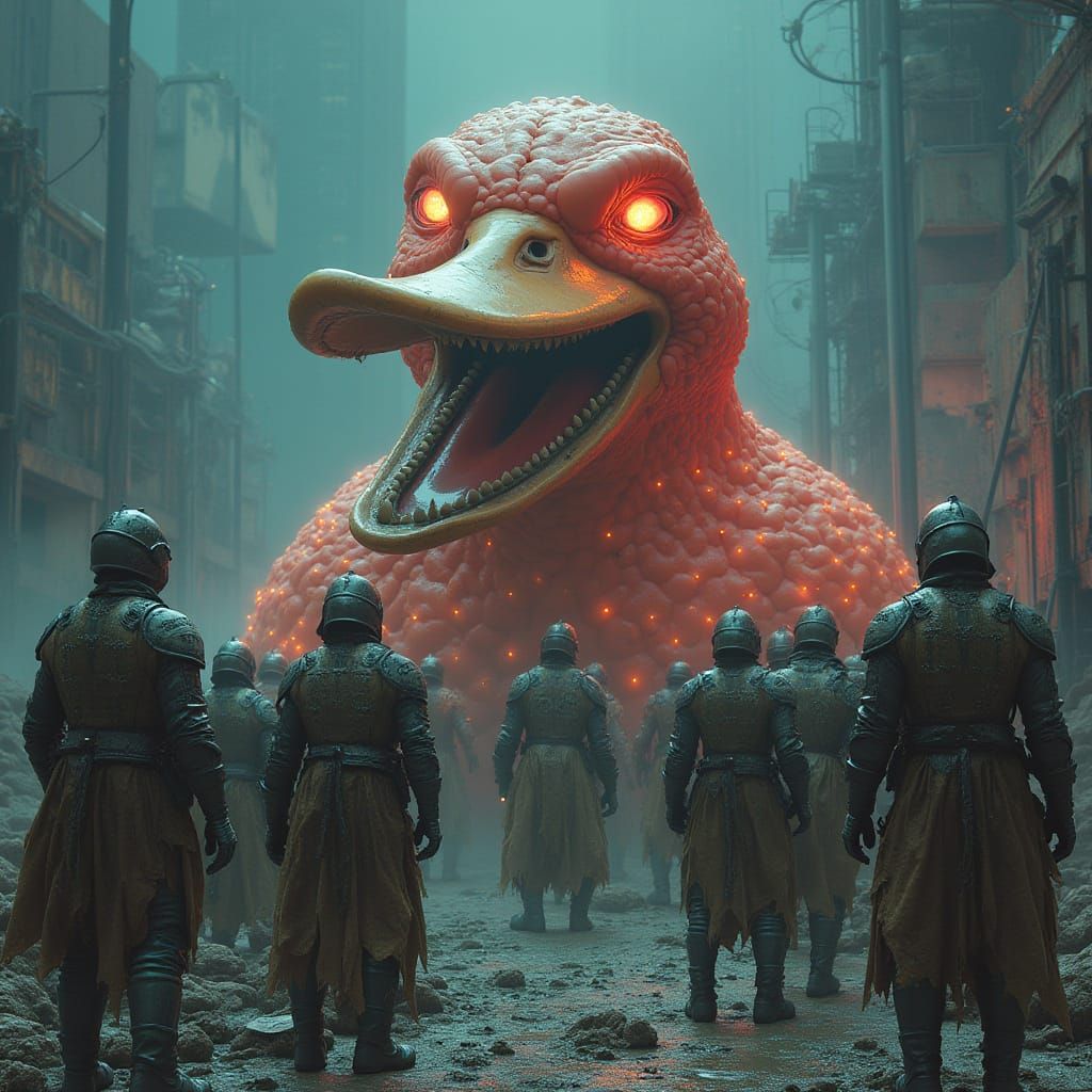 Cyberpunk Space Duck Idolized in Techno Wasteland - AI Art