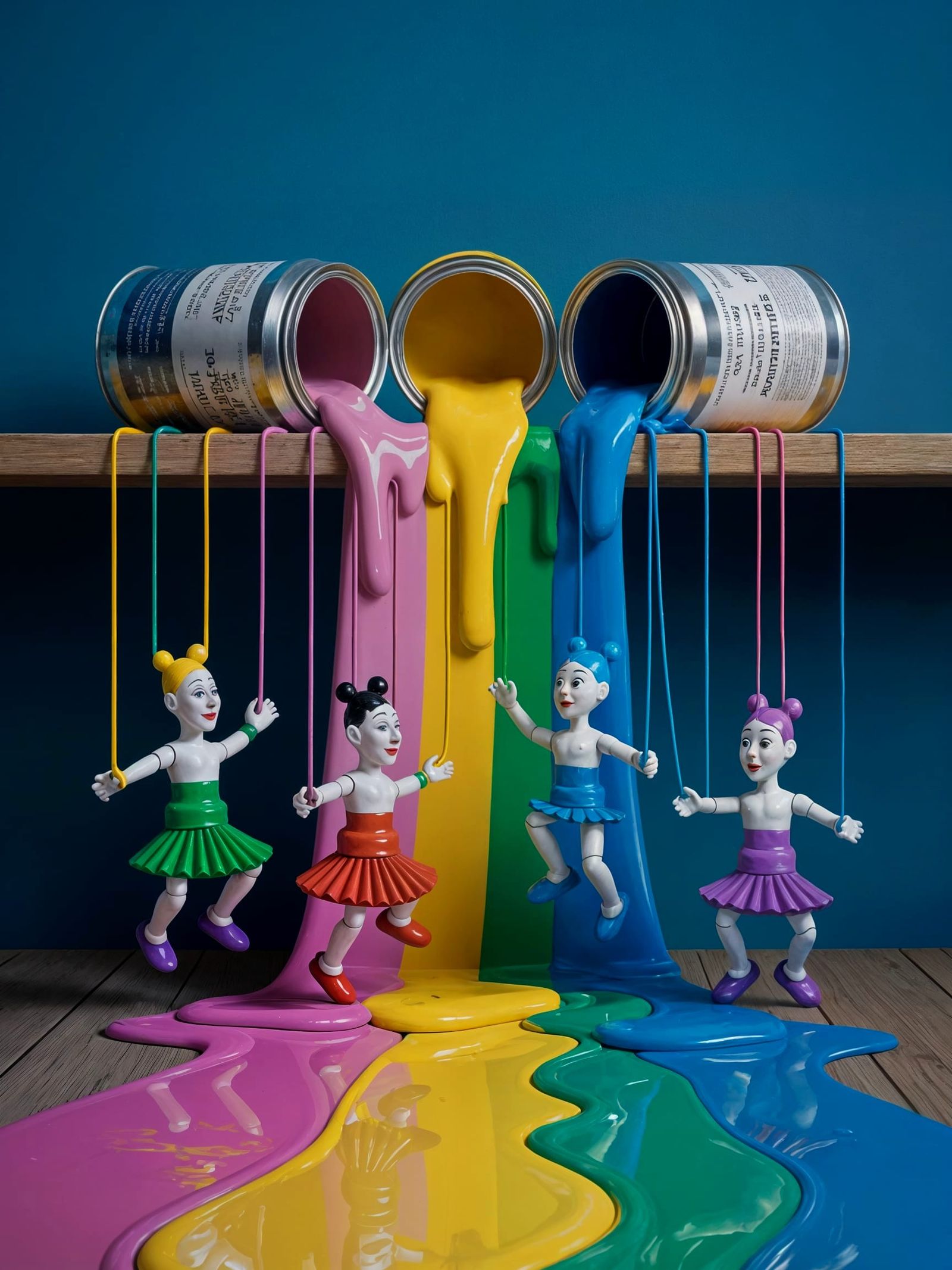 Vibrant Paint Puppets Danced on Strings of Shiny O... - AI Art