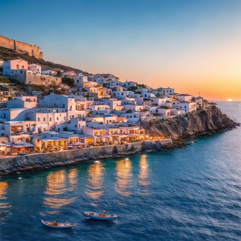 Greek Townscape Under Sunset at Sea - AI Art