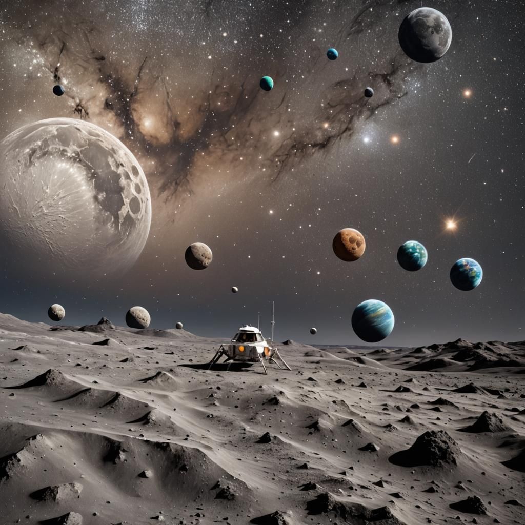 miniature spaceship on the moon surface, starry night sky with planets ...