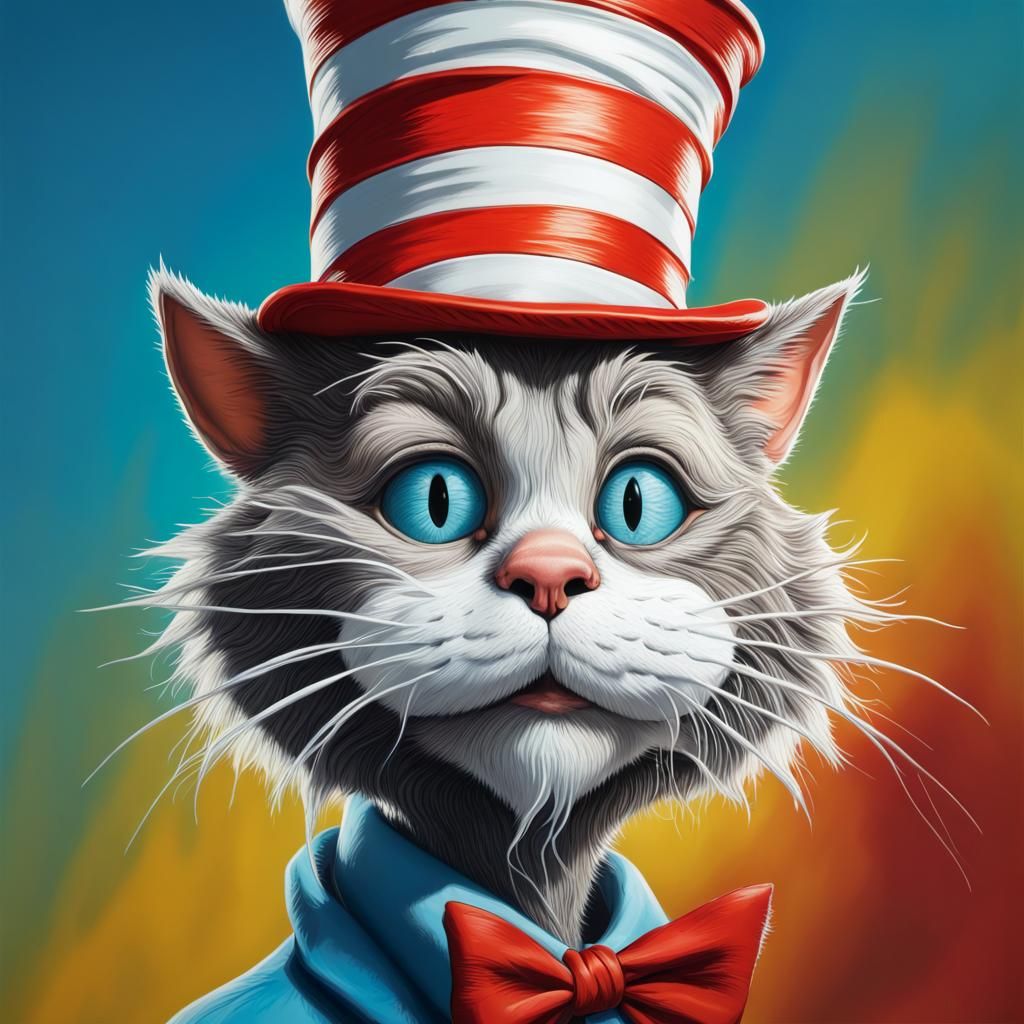 detailed Cat in the Hat, Dr. Seus, Hyperrealistic, splash art, concept ...