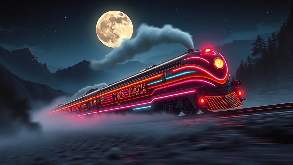 Retro-Futuristic Train Speeds Through Mystical Lan... - AI Art