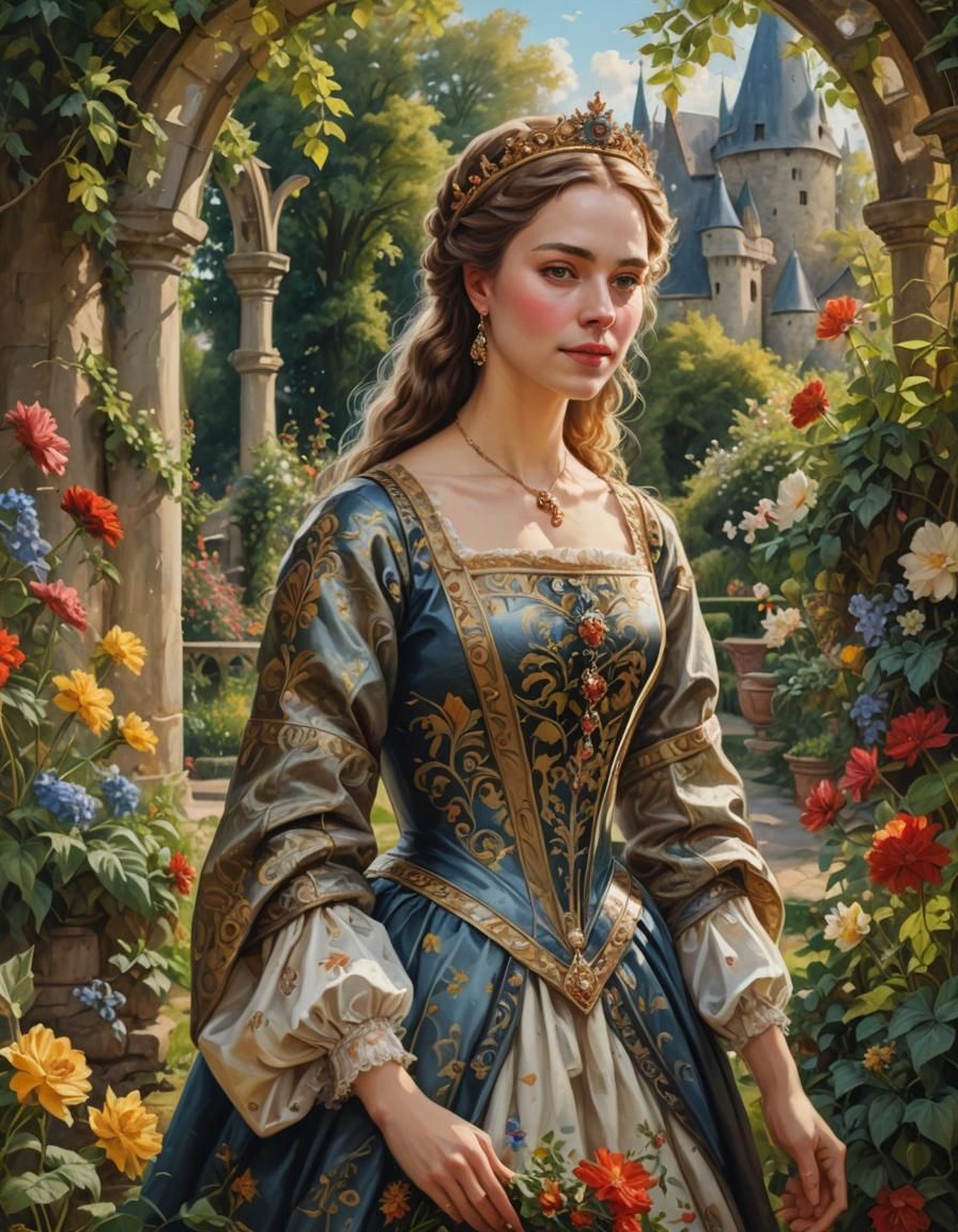 A beautiful young Queen In a medieval dress in a garden, full of joy ...
