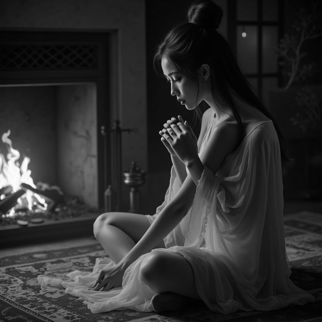 black and white portrait of a young pretty girl dressed in sheer night dress sitting cross ...