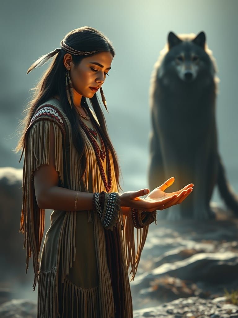 Majestic Native Shaman in Soft Yellow Light - AI Art