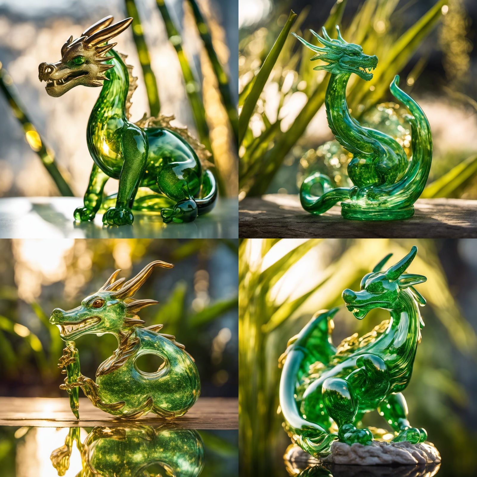 Hand blown glass dragon sitting among bamboo stalks, translucent green ...