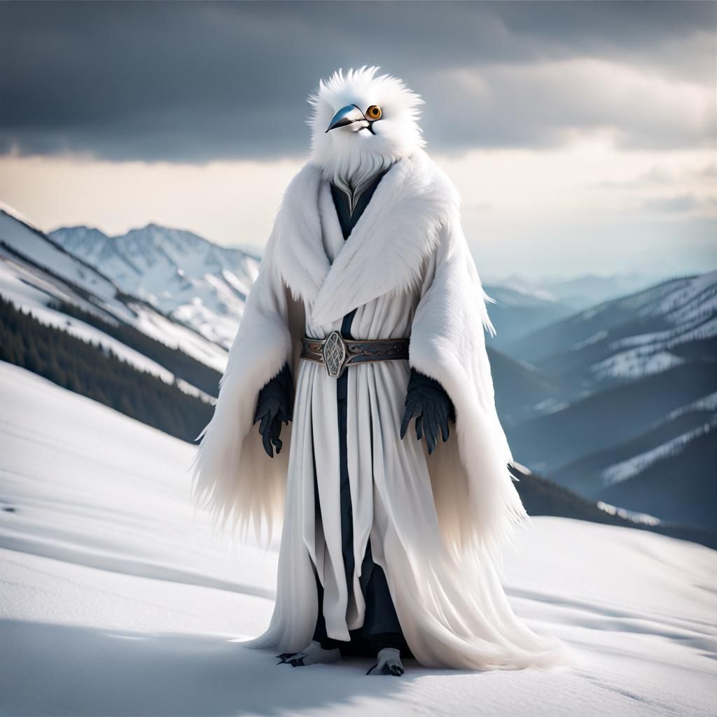 Bird faces humanoid with robe-like white fur in snowy mountains - AI ...