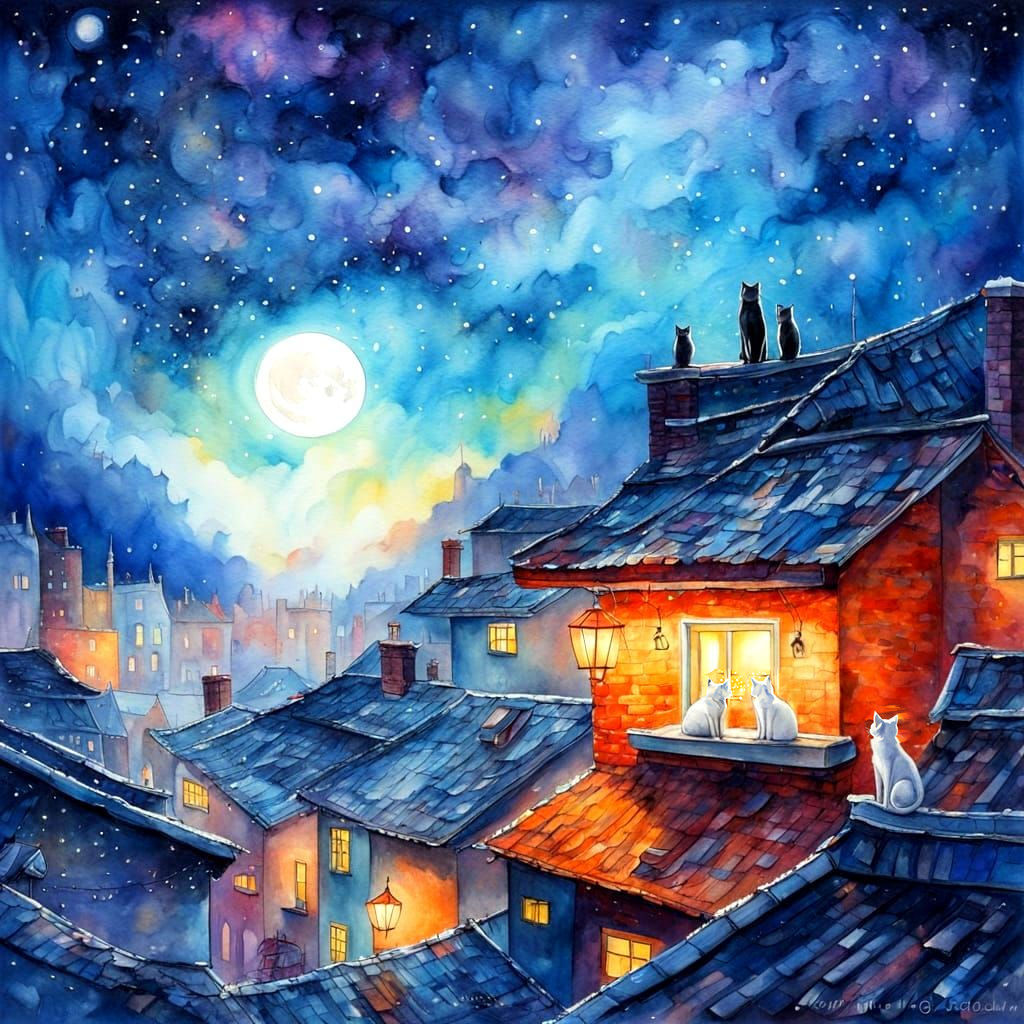 Night of the Cats - Whimsical Watercolor Cats Under the Full...