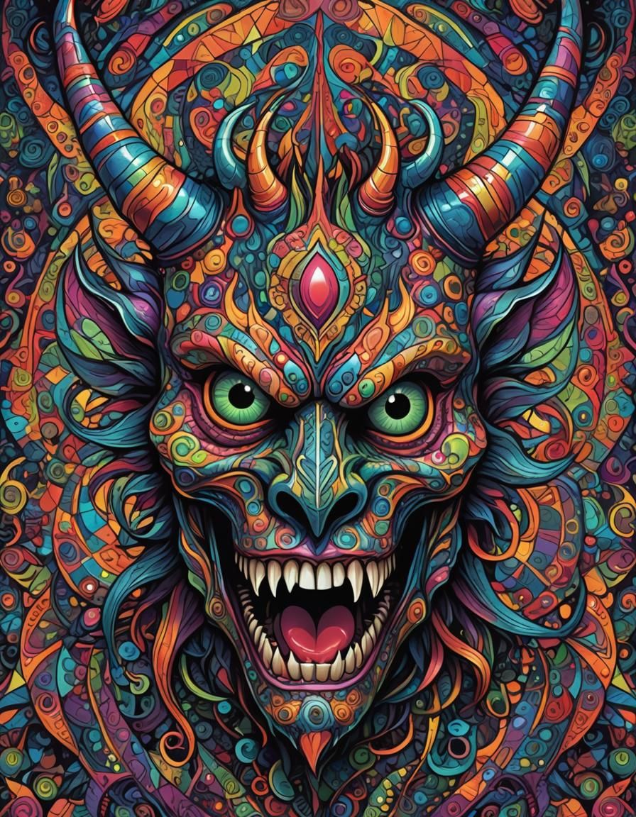 (Highly detailed concept sketch of a smiling monster face with horns ...