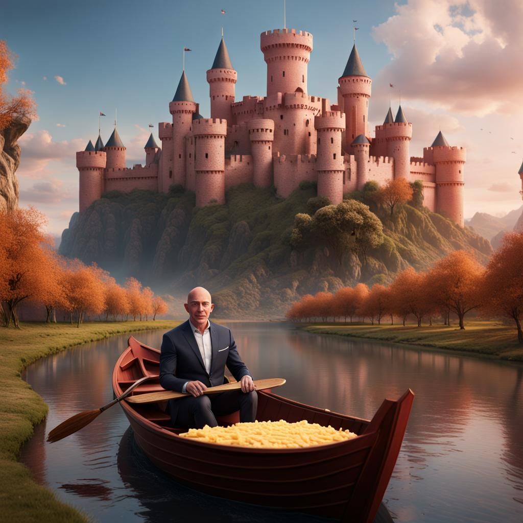 jeff bezos eating cheese in a boat with a castle in the background in a ...