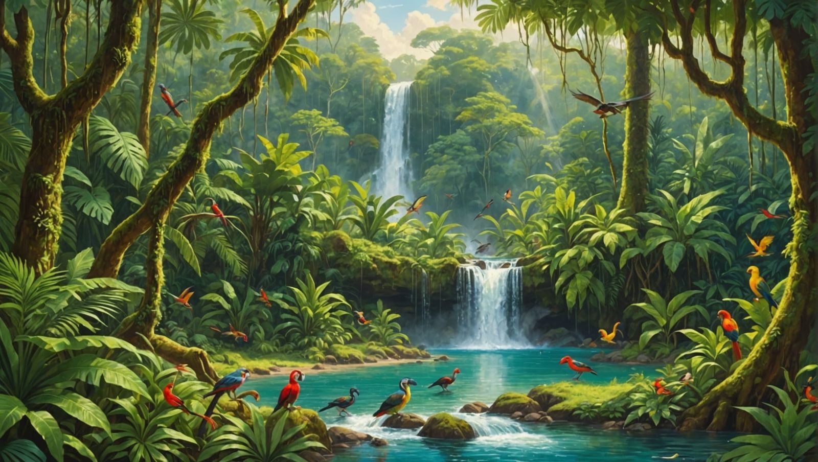 A picture of the rain forest with a waterfall dumping into a stream ...