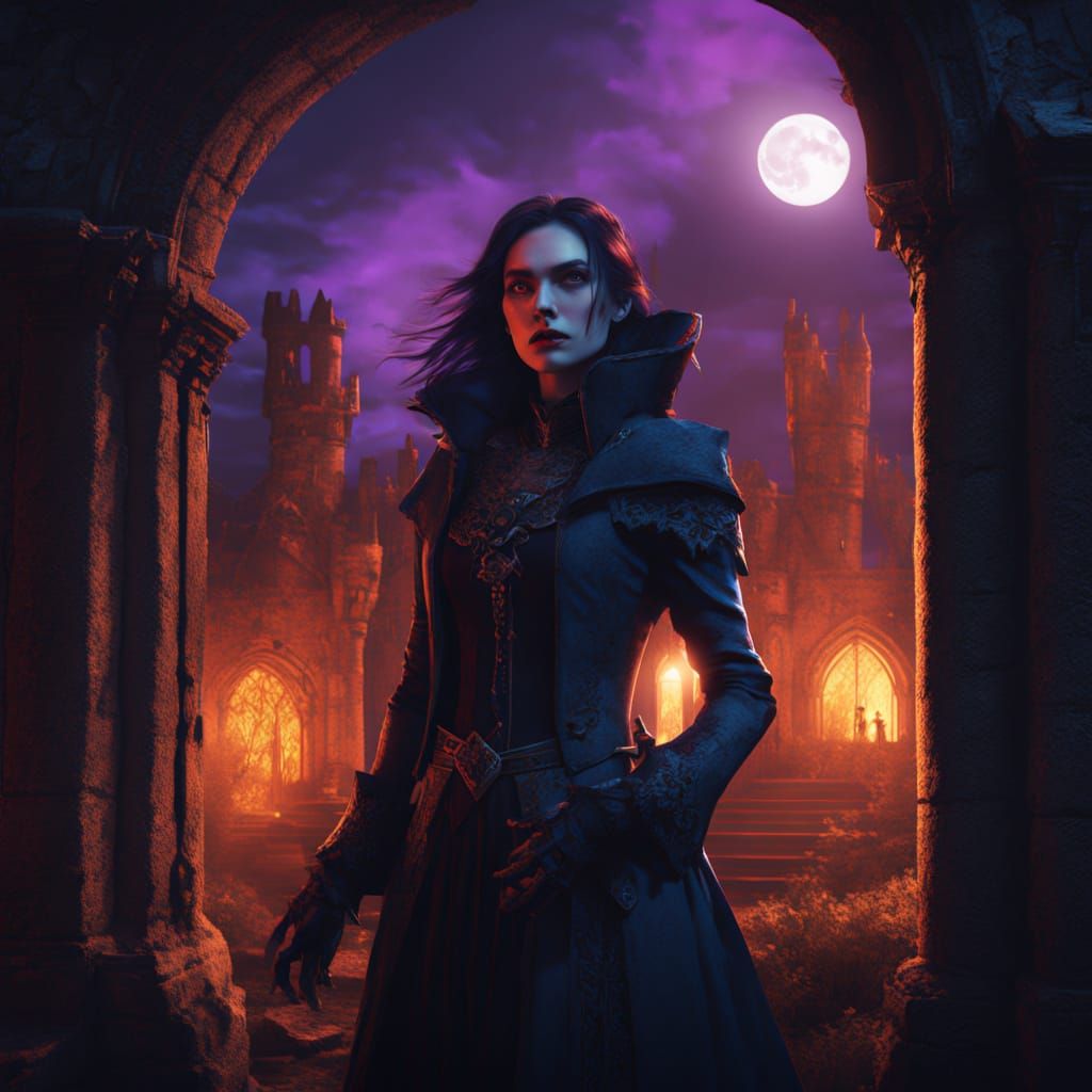 Seductive Vampire Maiden Against Ruined Castle - AI Art