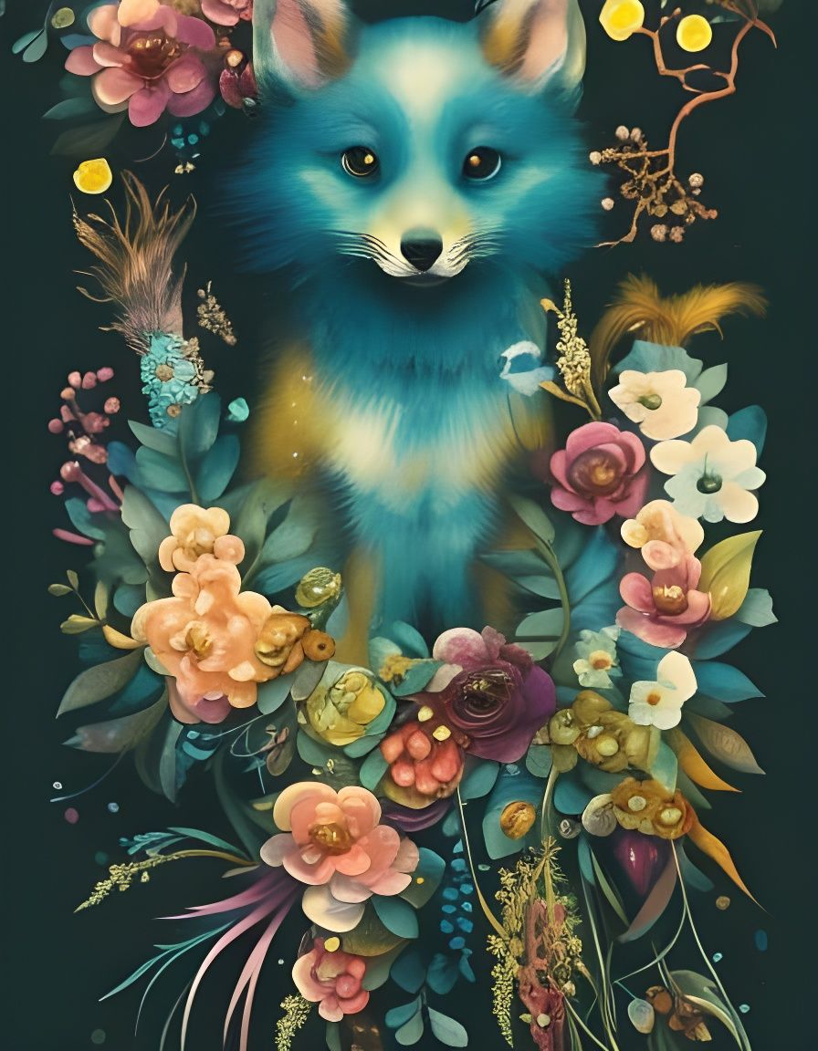 Teal fox with flowers - Magical Floral Fox Portrait in Wate...