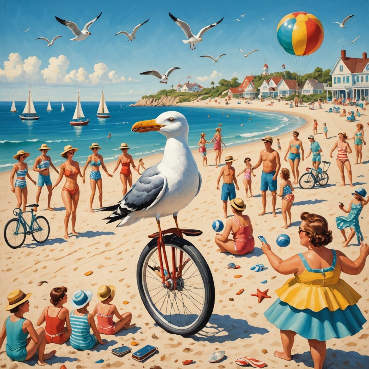 A happy anthropomorphic seagull riding a unicycle on the beach, while a ...