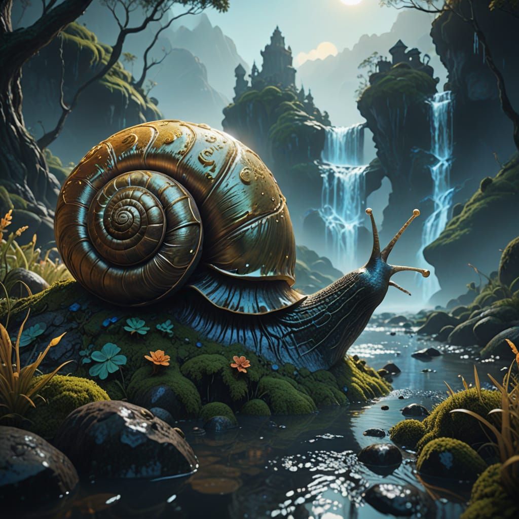 A colossal snail - Colossal Stone Snail in Dreamlike Landsca...