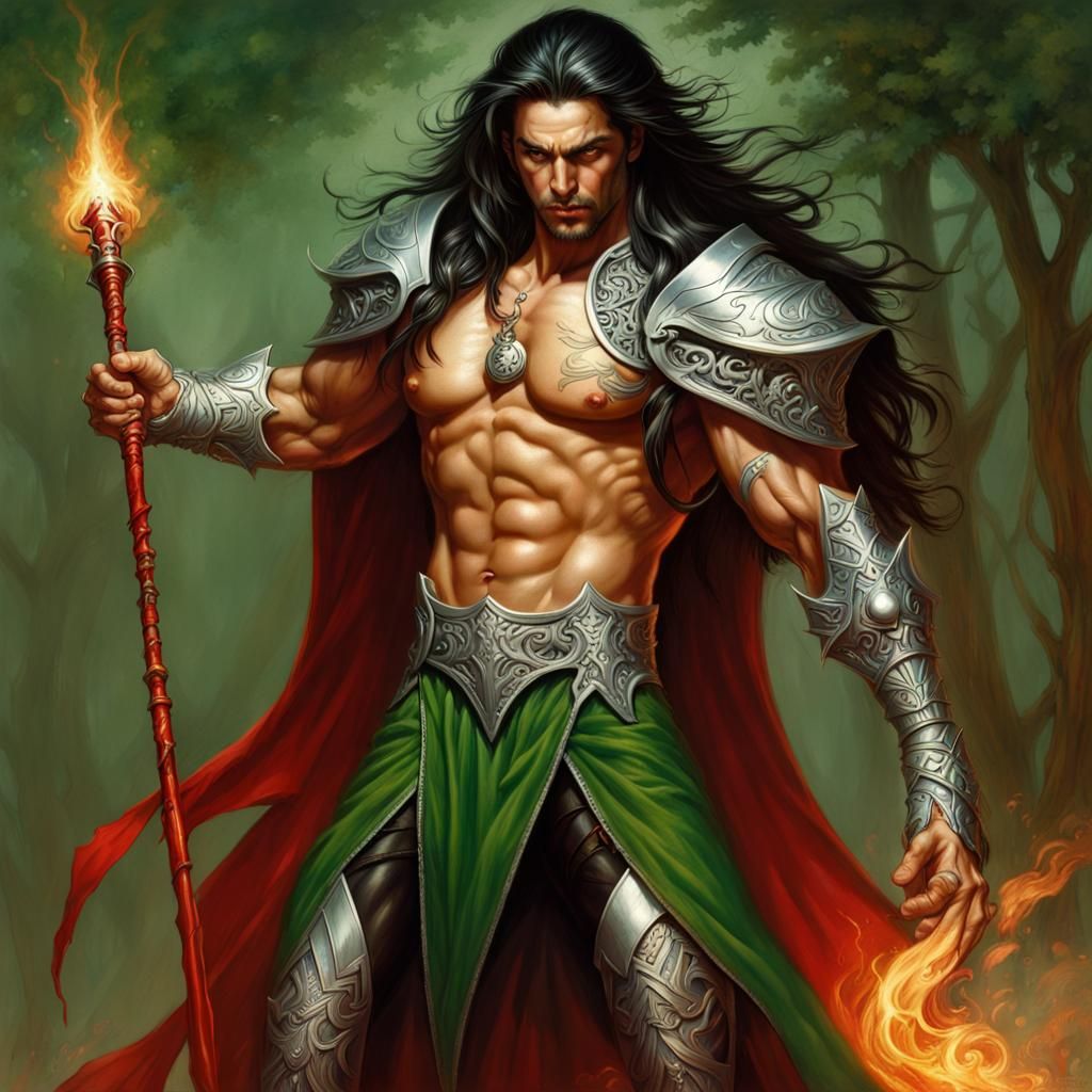 Supernaturally beautiful male Elf priest, long dark hair, fierce ...