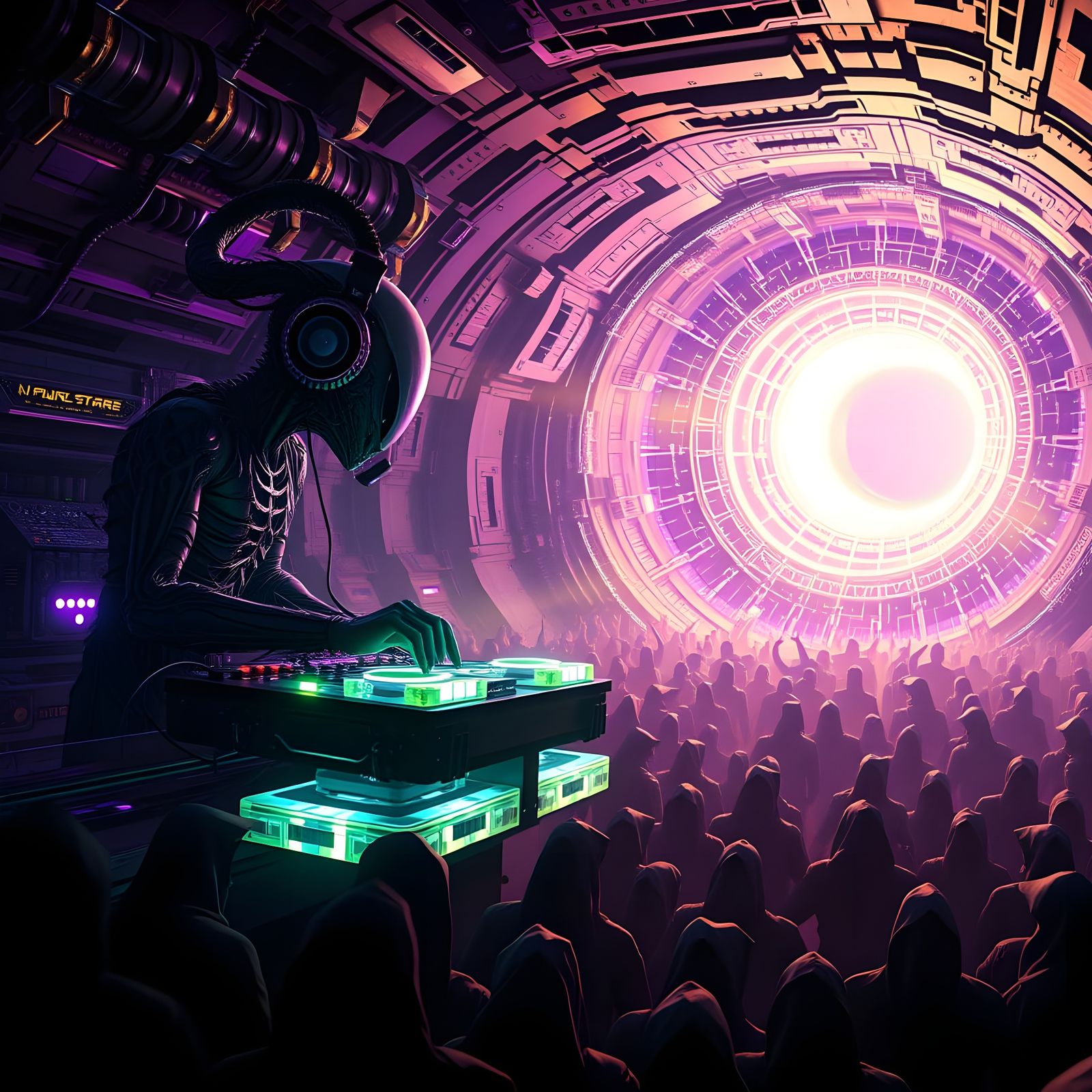 Cyberpunk Alien DJ in Giger Style Mixes in Spacecr... - AI Art