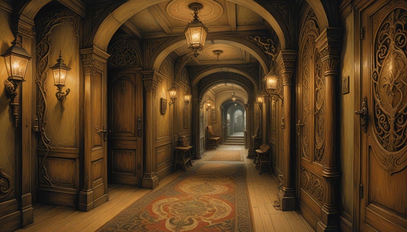 Whimsical Tavern Corridor in Warm, Golden Light - AI Art