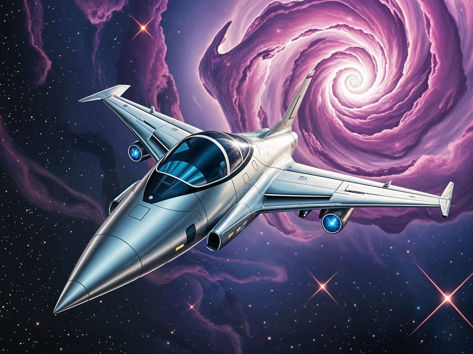 an imaginary aircraft with chrome detailing flying on an intergalactic ...
