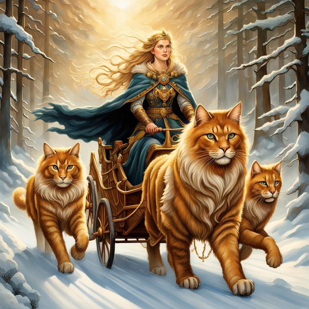 Freya in a chariot pulled by a pair of giant Norwegian Forest Cats - AI ...