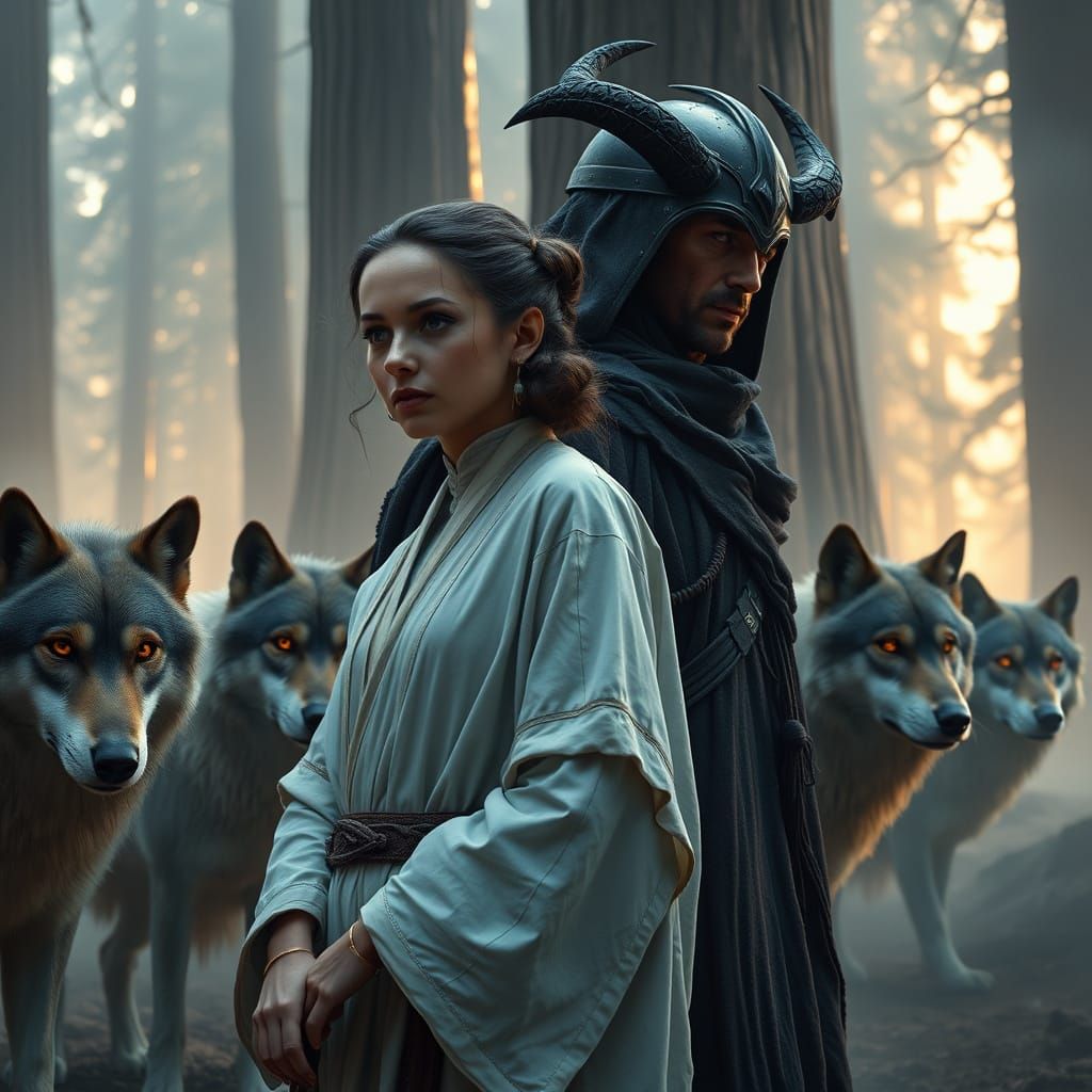 Regal Fantasy Duo Amidst Majestic Wolves in Ancien... - AI Art