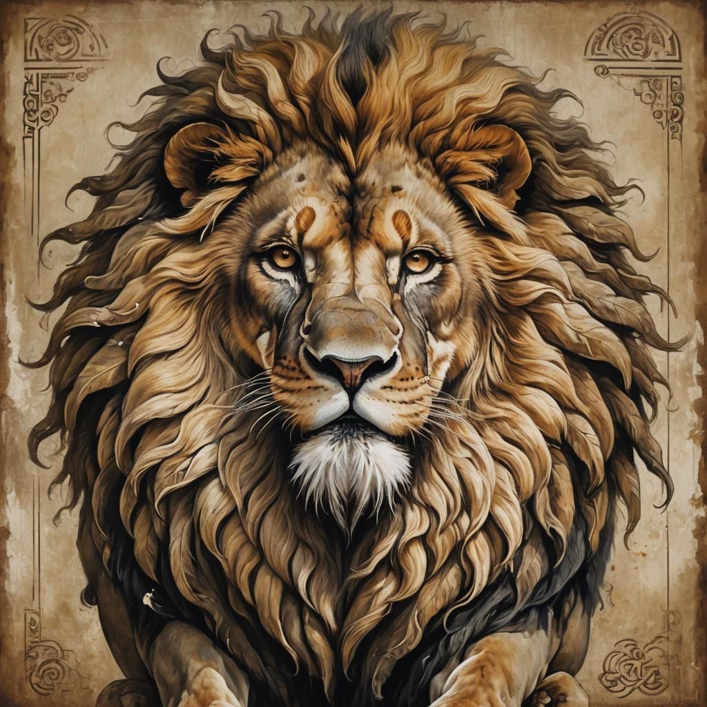 a noble, strong, divine lion with wisdom and sorrow in his eyes. - AI ...