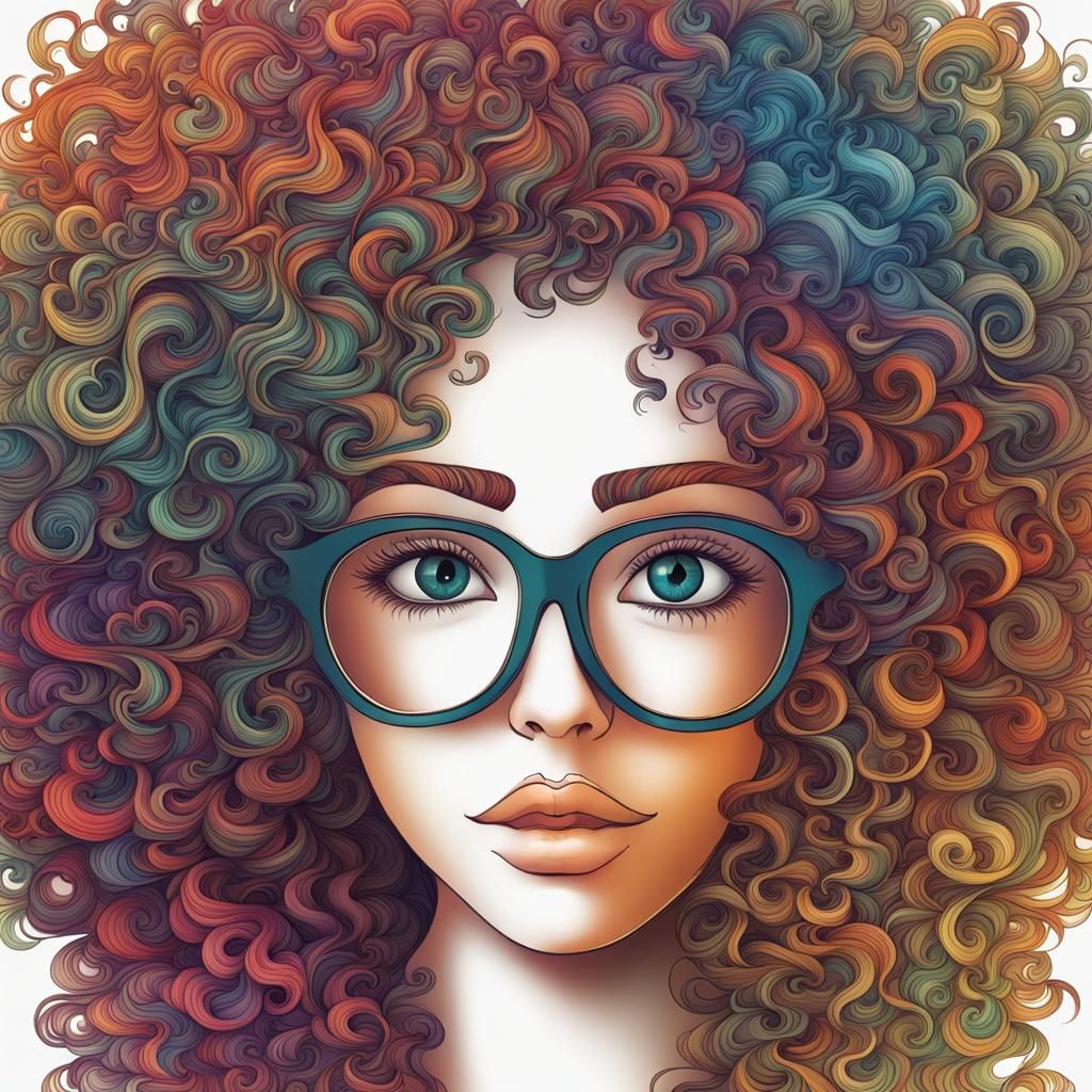 colorful mesmerizing girl with curly hair and thin specs - AI Generated ...