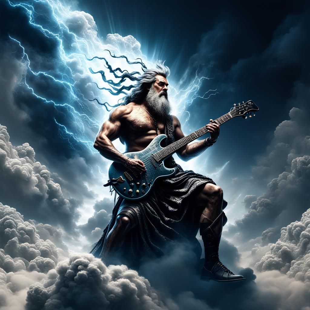 Zeus, playing Epic Metal on an electric guitar while sitting on clouds ...
