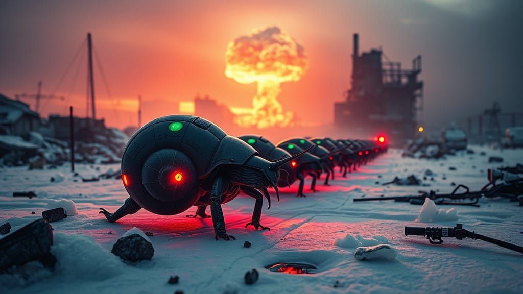 Marching cyborg-snails in post apocalyptical ruins, nuclear blast and ...