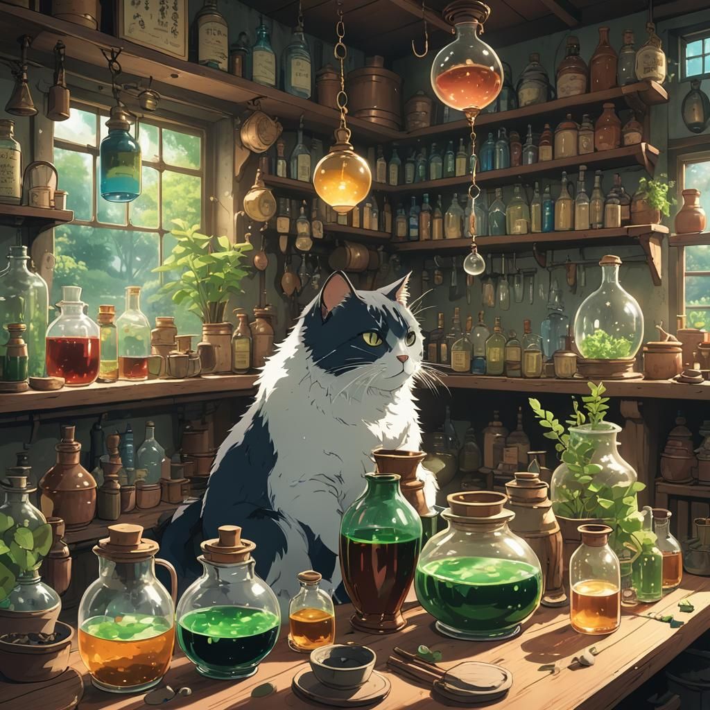 cat creates potions - AI Generated Artwork - NightCafe Creator