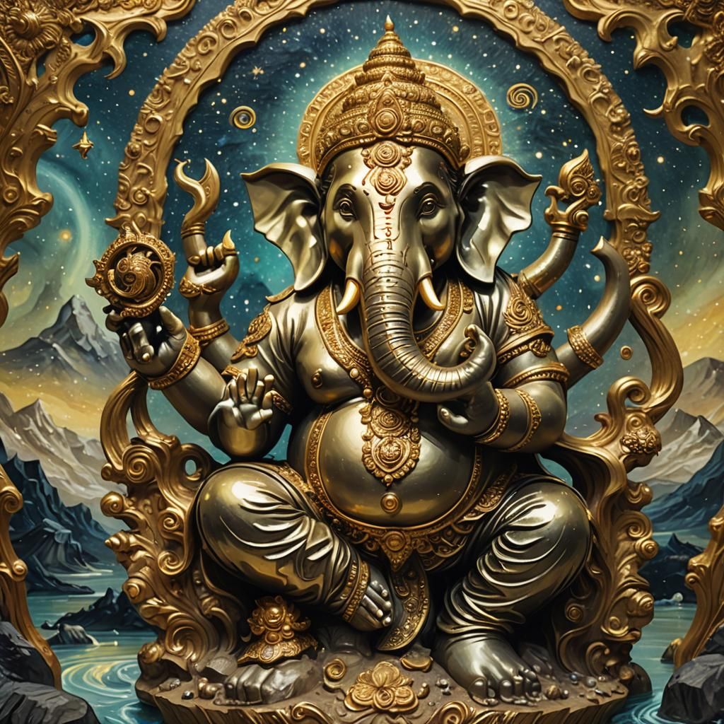 Ganesh, Lord Ganesh, gold intricate metal bejeweled tusks, glowing ...