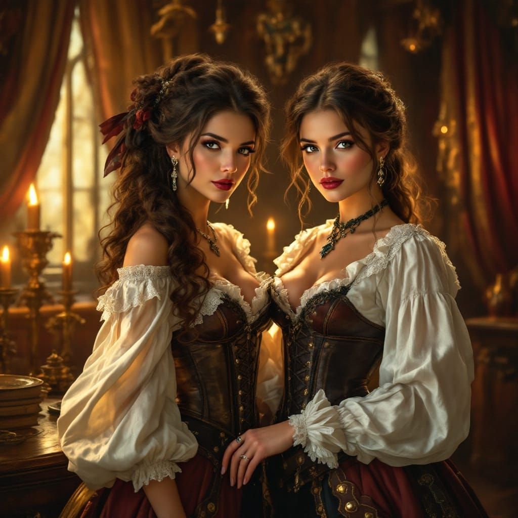 Romantic Pirate Portraits in Golden Tavern Setting - AI Art