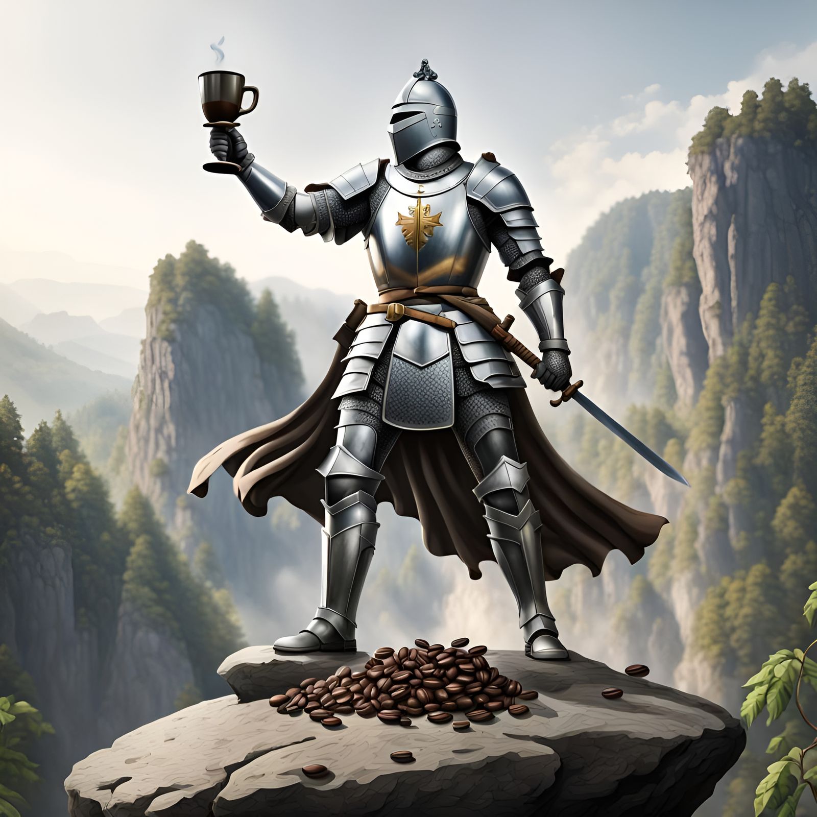 a knight standing on a rock He is raising his sword in the air with his ...