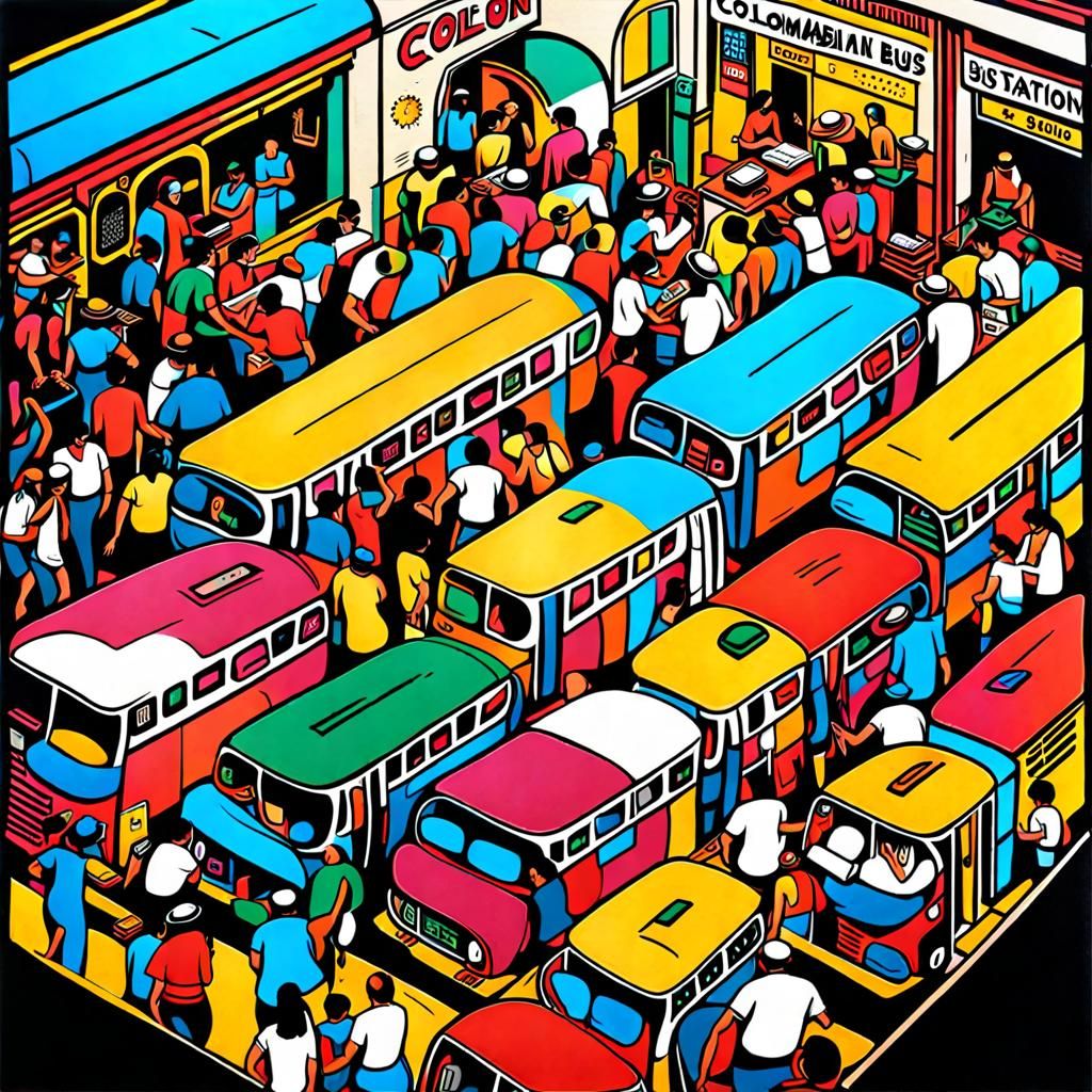 Colombian bus station Overhead,view of teeming, chaotic,multi colored ...