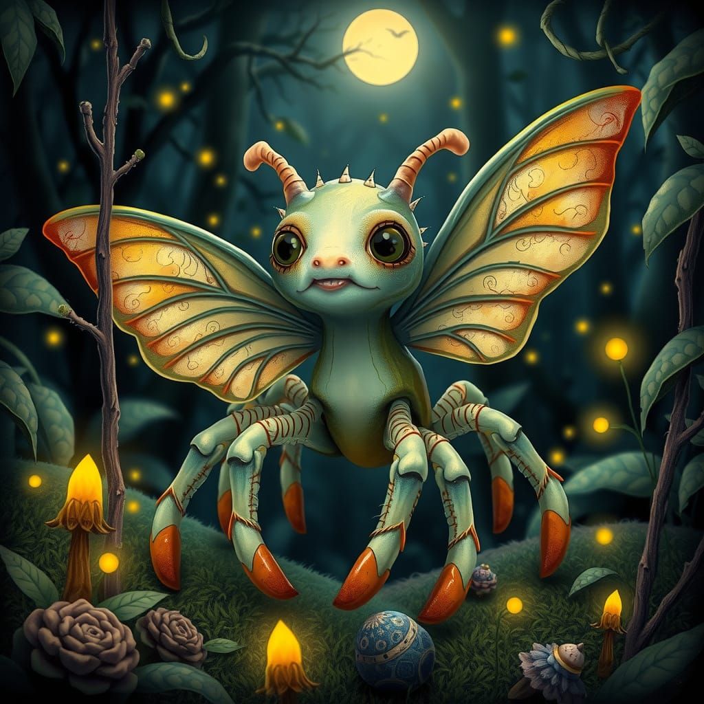 Whimsical Fae Creature Poses in Lush, Moonlit Fore... - AI Art