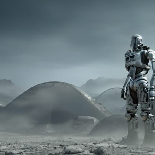 humanoid silver robot in post-apocalyptic wasteland - AI Generated ...