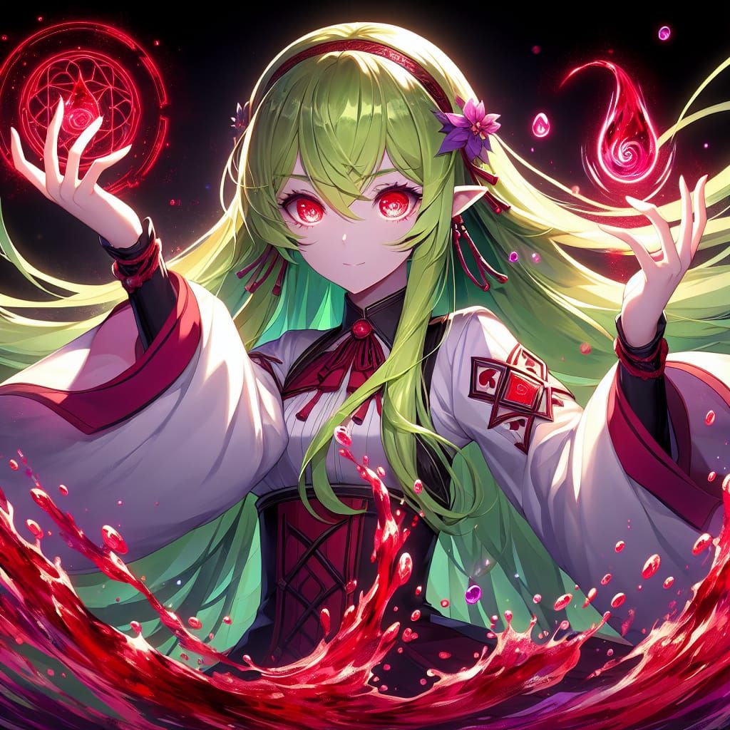 Anime female elementalist with long lime green hair activating the red ...