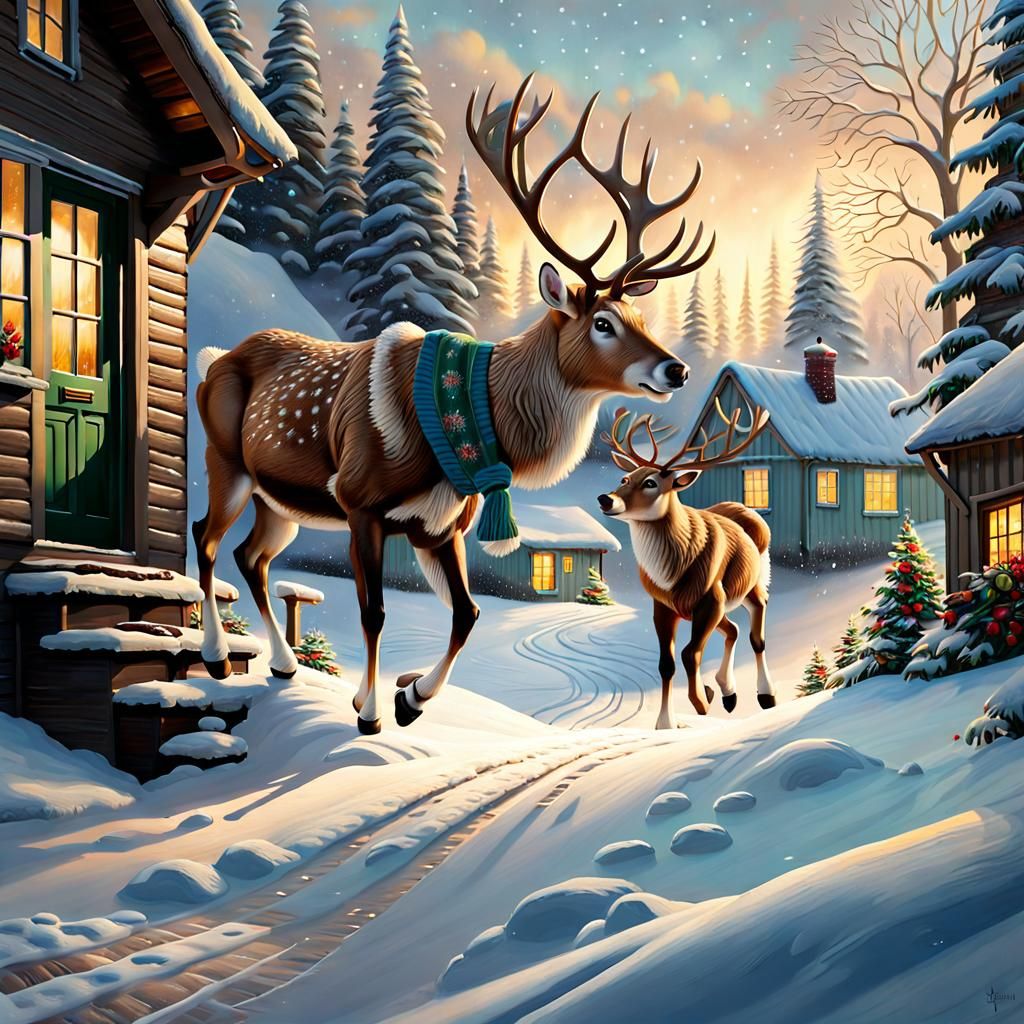 Cottage, Snow, A reindeer chasing Grandma