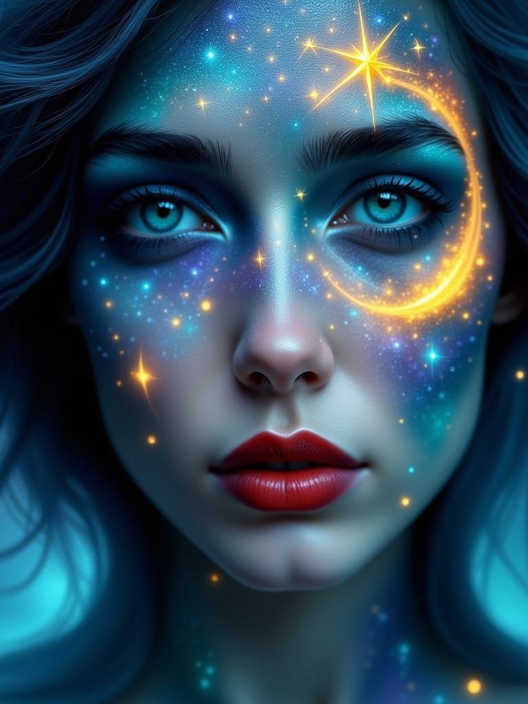 A surreal, fantasy-inspired close-up portrait of a beautiful woman with ...