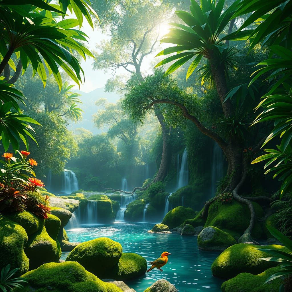 Lush Tropical Forestscape with Emerald Canopy and ... - AI Art