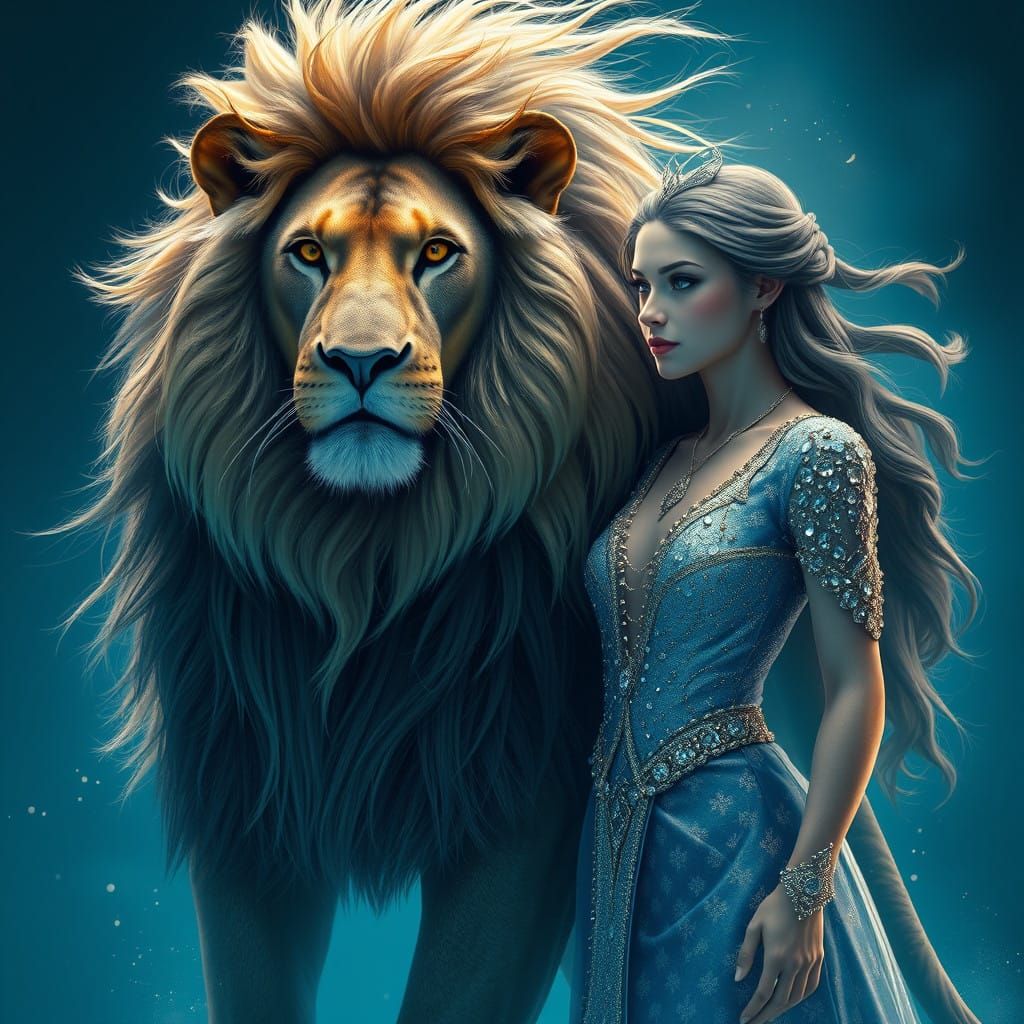Majestic Lion Encounters Enchanted Human in Dreaml... - AI Art