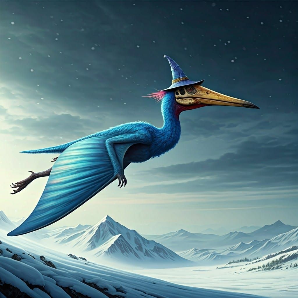 Majestic Blue Pterosaur Soars Through Snowy Skies - AI Art
