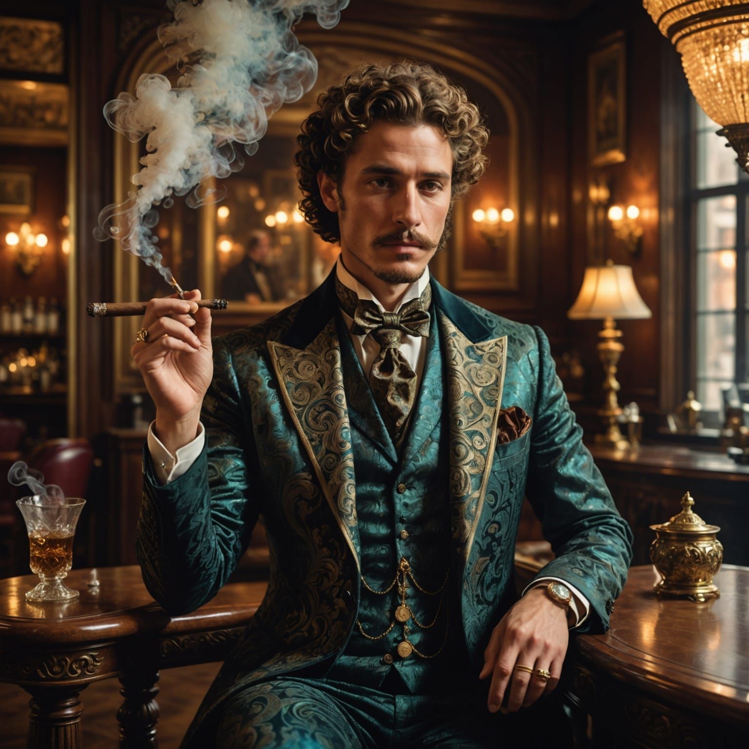 Chic Gentleman Enjoys Cigar in Opulent Steampunk-I... - AI Art