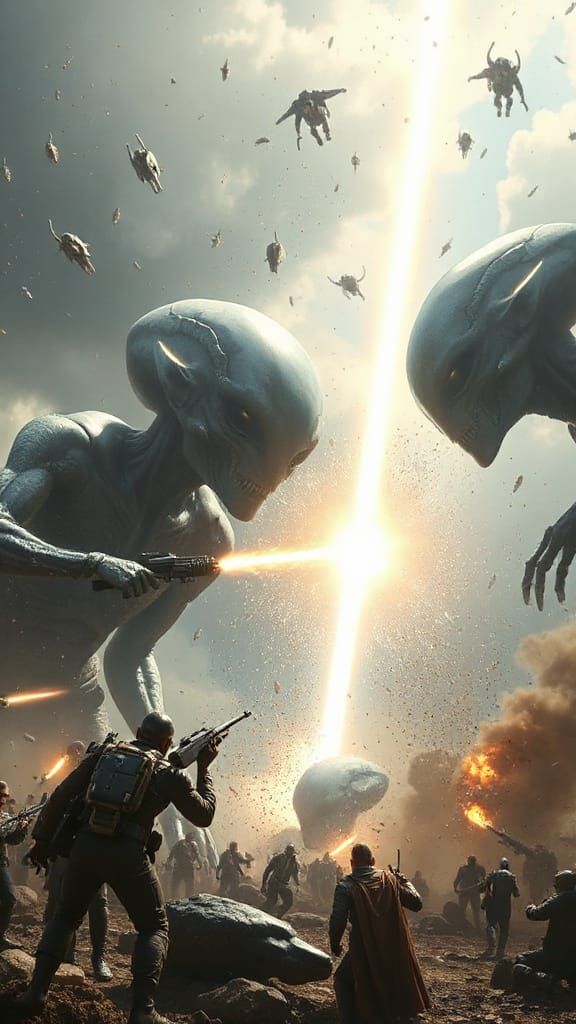 Humans Clash with Gray-Headed Aliens in Futuristic... - AI Art